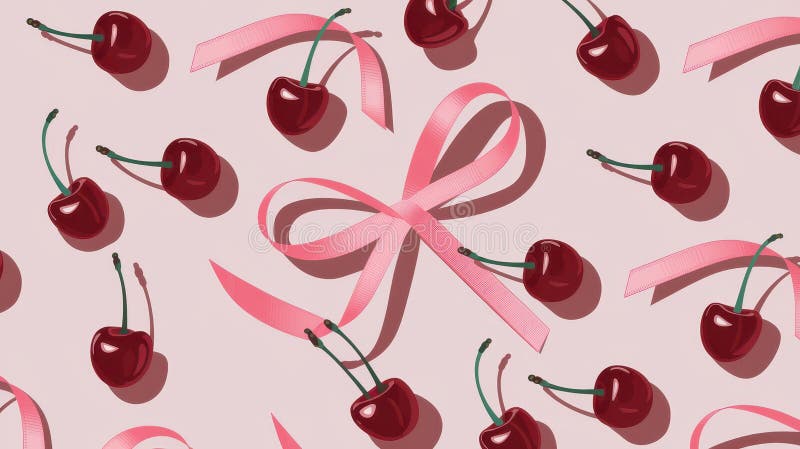 Close Up of a Bunch of Cherries with a Pink Ribbon in the Middle Stock ...