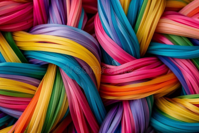 Close Up of a Bunch of Colorful Ribbons with Intricate Rainbow Stripes Intertwined, Intricate ...
