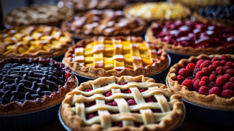 A Close Up of a Bunch of Pies with Different Kinds of Fruit, AI Stock ...