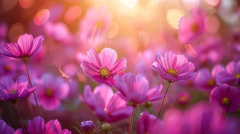 A Bunch of Pink Flowers with a Bright Sun in the Background Stock Image ...