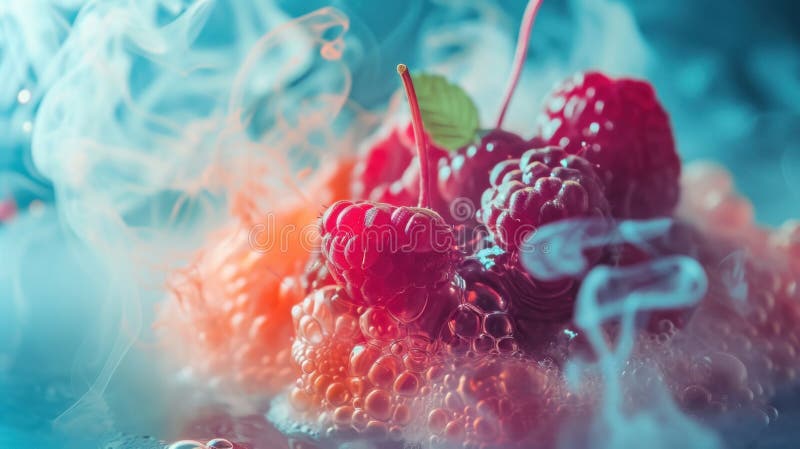 A Close Up of a Bunch of Raspberries with Bubbles Around Them, AI Stock ...