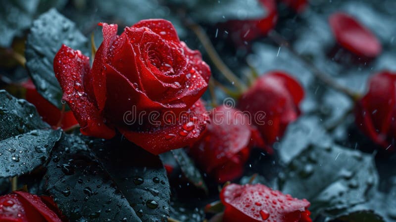 A Close Up of a Bunch of Red Roses with Rain Drops on Them, AI Stock ...