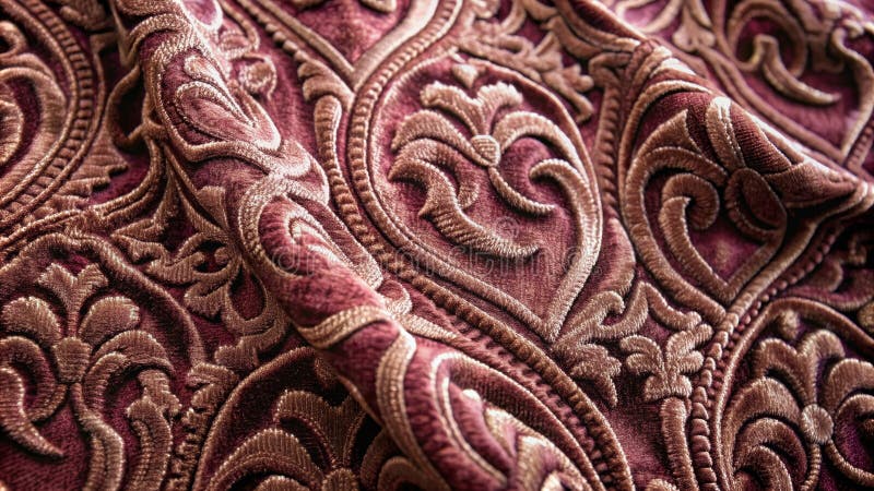 Close-Up of Burgundy Velvet Fabric with Embroidered Pattern, Texture ...