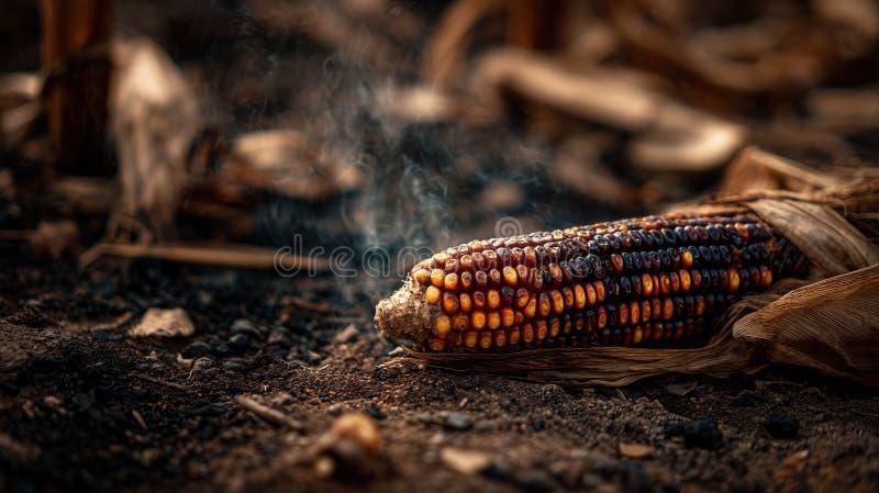 Close Up of Burned Corn Cob on Ground, Surrounded by Blackened Soil and ...