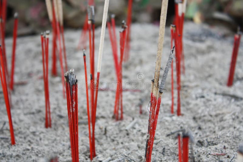 Close Up with Burned Joss Stick in Joss Stick Pot in Thai Temple Stock ...