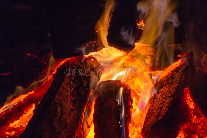 Burning Camp Fire with Coals and Flames Stock Photo - Image of shot ...