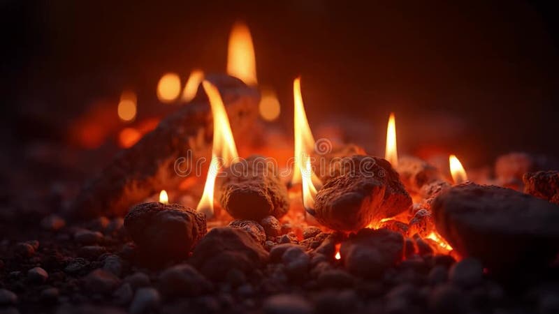 Burning Embers on Rocks Create a Glowing, Fiery Display Against a Dark ...
