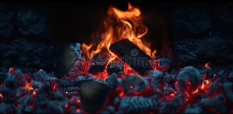 Close Up of Burning Fire in the Fireplace, Black Background, Embers ...