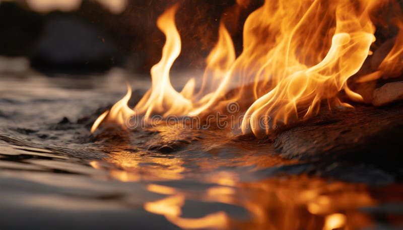 Close Up Burning Fire Flames on the Water, Danger for Nature Stock ...