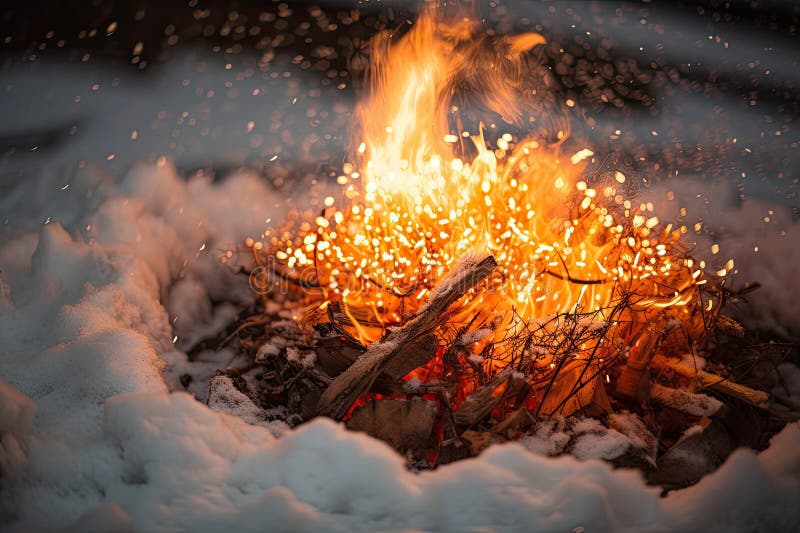 Close-up of Burning Fire Surrounded by Snowflakes Stock Illustration ...