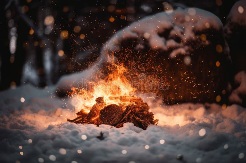 Close-up of Burning Fire Surrounded by Snowflakes Stock Illustration ...