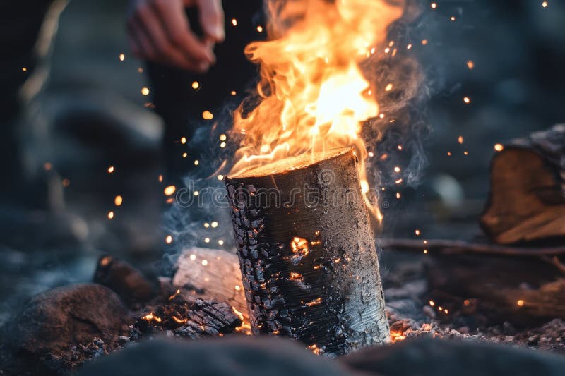 Close-up of a Burning Log in a Campfire with Smoke and Sparks Stock ...