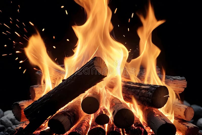 Close-up of Burning Logs in a Fire with Sparks Stock Illustration ...