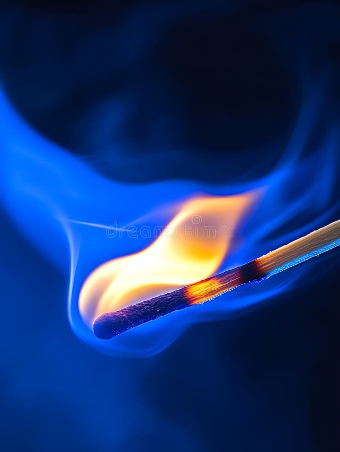 A Close Up of a Burning Matchstick with Blue Flames on a Dark Blue ...