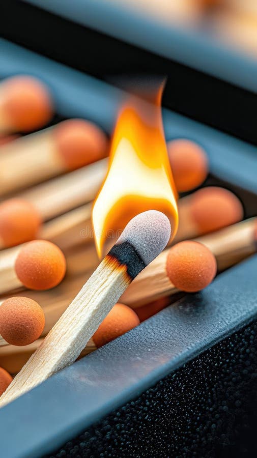 Close-up of a Burning Matchstick with Flame Surrounded by Unlit Matches ...