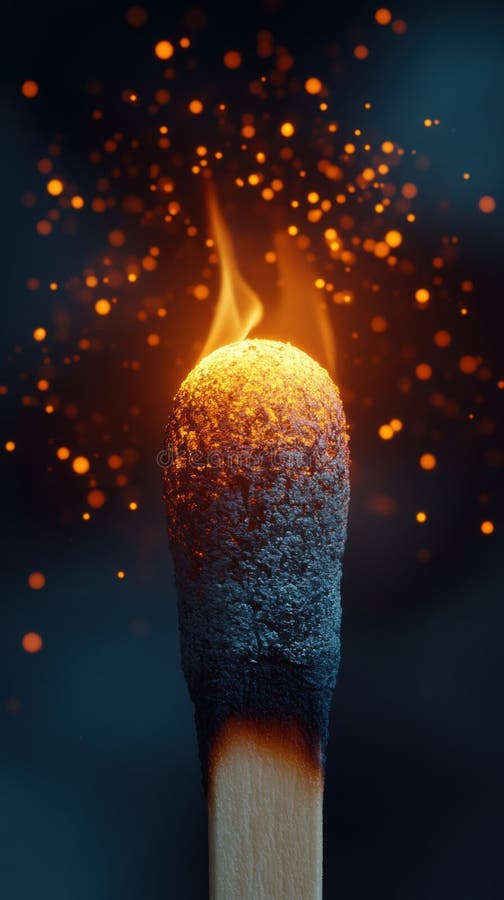 Close-Up of Burning Matchstick with Glowing Sparks and Black Background ...