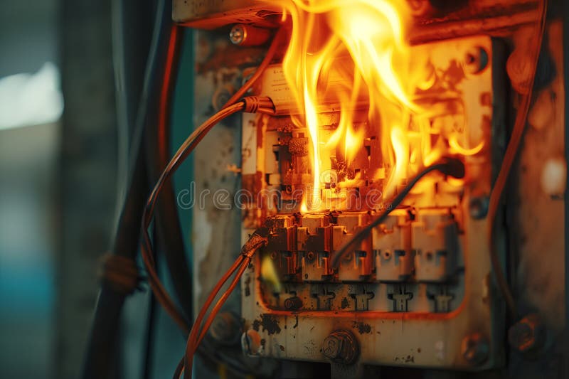 Close-up of Burning Switchboard and Circuit Breakers from Overload or ...