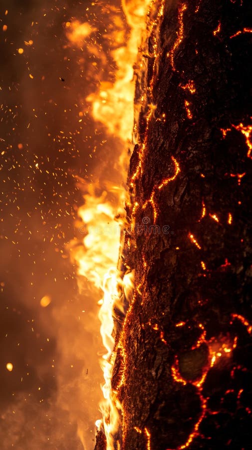 Close-up of Burning Tree Bark with Embers and Flames, Wildfire Closeup ...