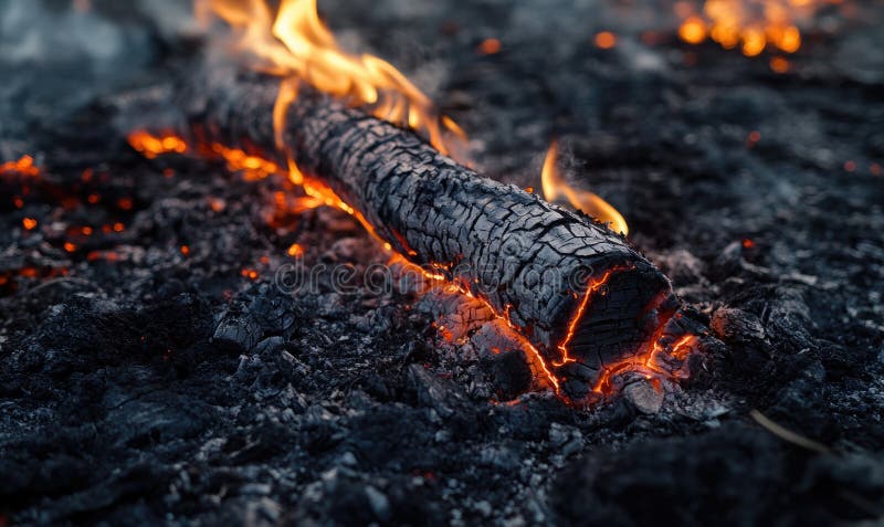 Close-up of a Burning Tree Branch, Flames Licking at the Wood Stock ...