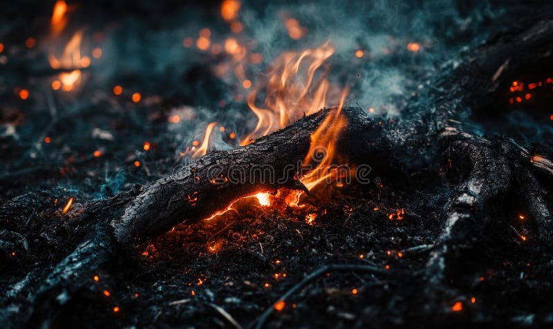 Close-up of a Burning Tree Branch, Flames Licking at the Wood Stock ...