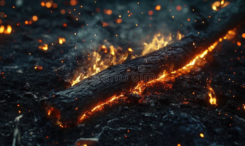 Close-up of a Burning Tree Branch, Flames Licking at the Wood Stock ...