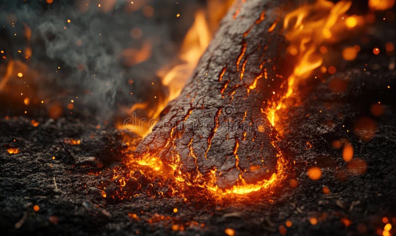 Close-up of a Burning Tree Branch, Flames Licking at the Wood Stock ...