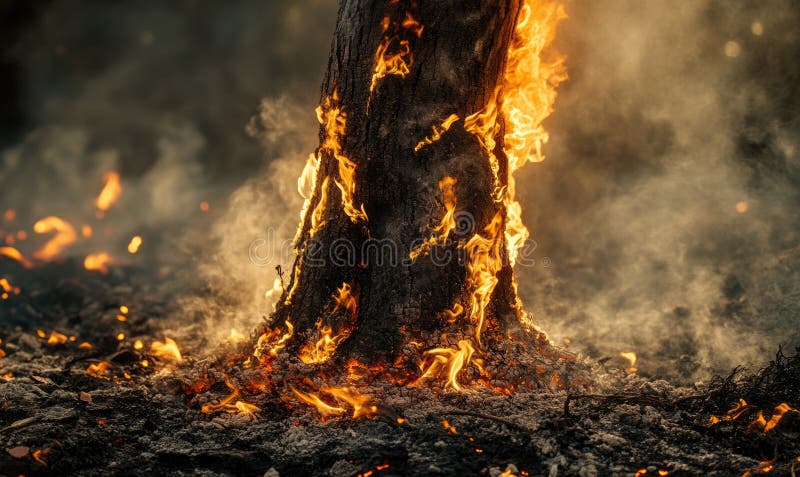 Close-up of a Burning Tree Branch, Flames Licking at the Wood Stock ...