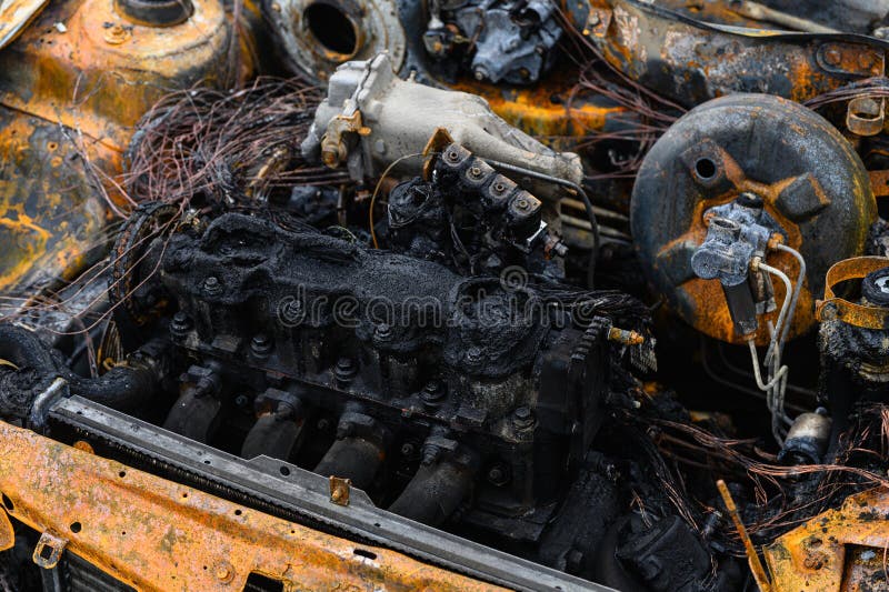 A Close-up of the Burnt-out Engine Compartment of a Car Stock Photo ...