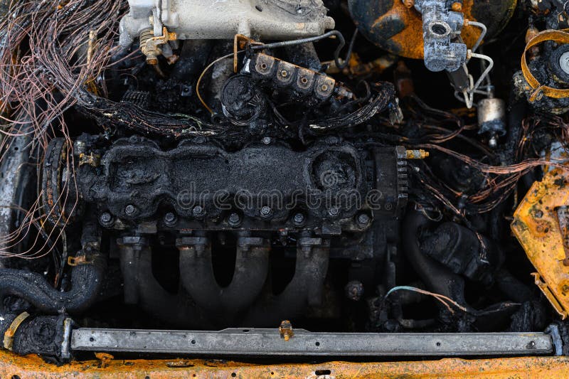 A Close-up of the Burnt-out Engine Compartment of a Car Stock Image ...