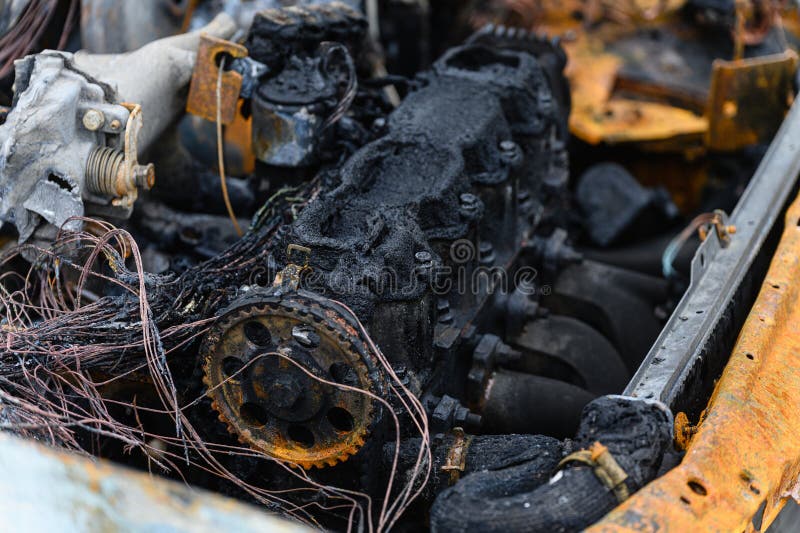 A Close-up of the Burnt-out Engine Compartment of a Car Stock Photo ...