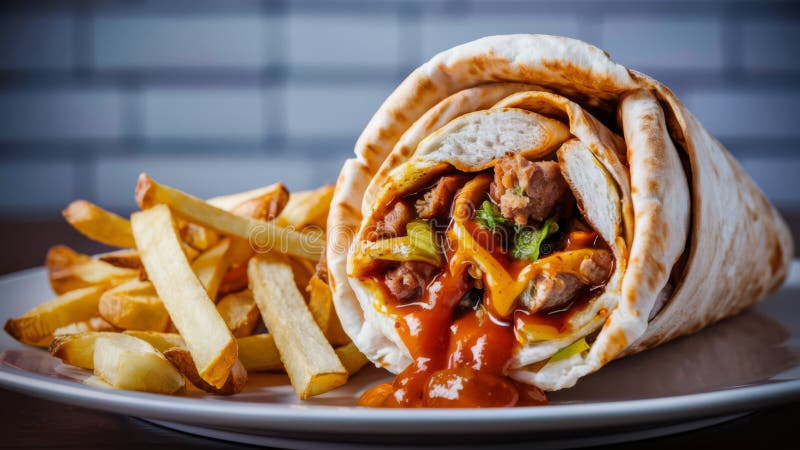 A Close Up of a Burrito or Gyros with Fries on the Side, AI Stock Photo ...