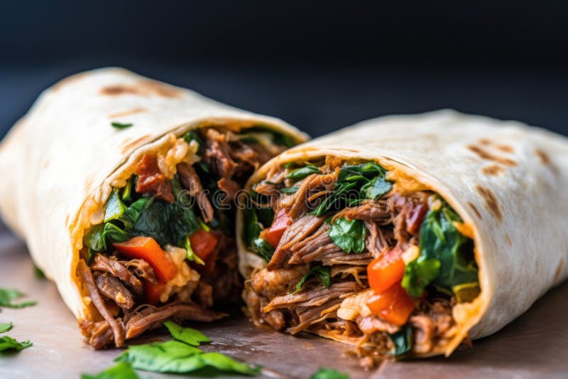 Close Up of Burrito on Table with Vegetables and Beans. Generative AI ...