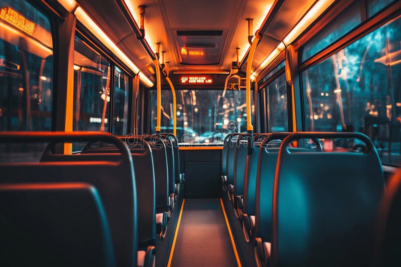 Close Up of Bus Cabin with Empty Seats at Night Stock Illustration ...