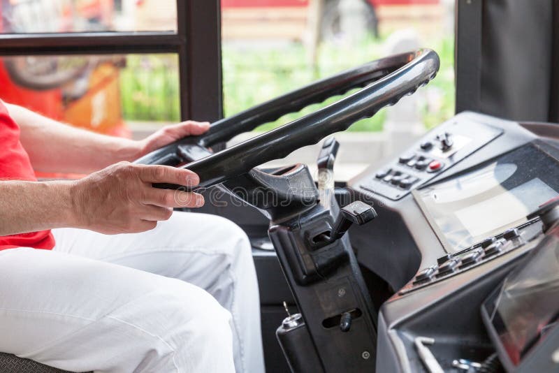 Bus Driver at Work, Holding Steering Wheel Stock Image - Image of ...
