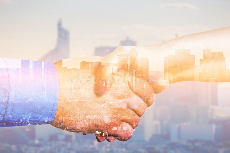 Partners Shaking Hands with Multiple Exposure. Global Business Concept ...