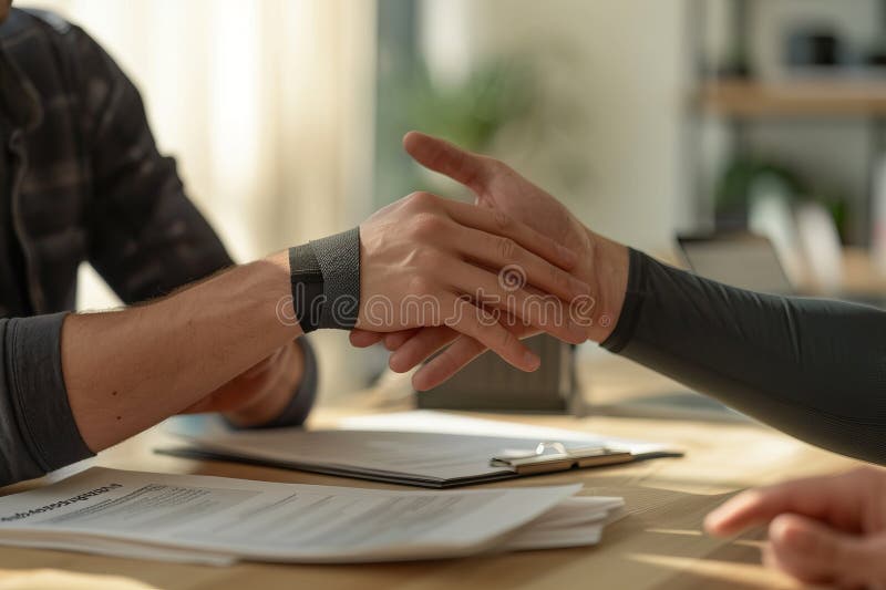 Close-up of Business Handshake Over a Desk in Modern Office Setting ...