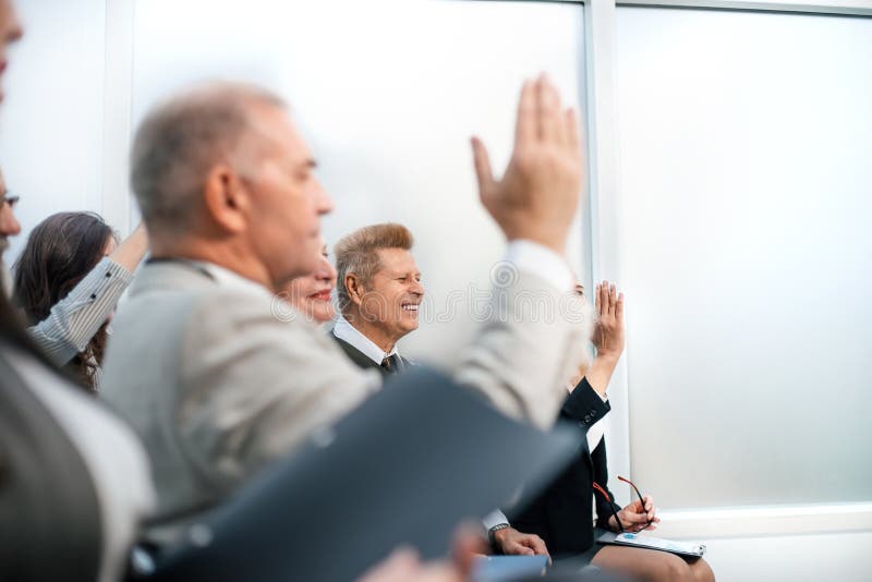 Close Up. Business Man Asks a Question during a Business Seminar Stock ...