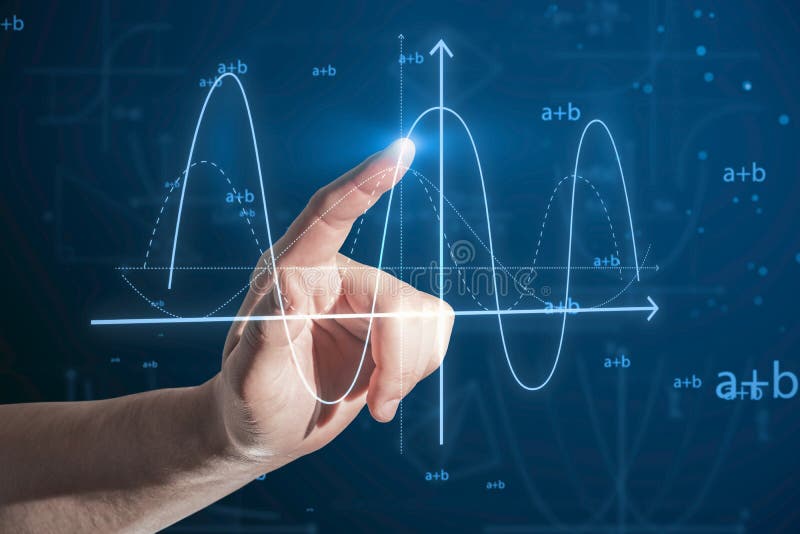 Close Up of Business Man Hand Pointing at Abstract Glowing Mathematical ...