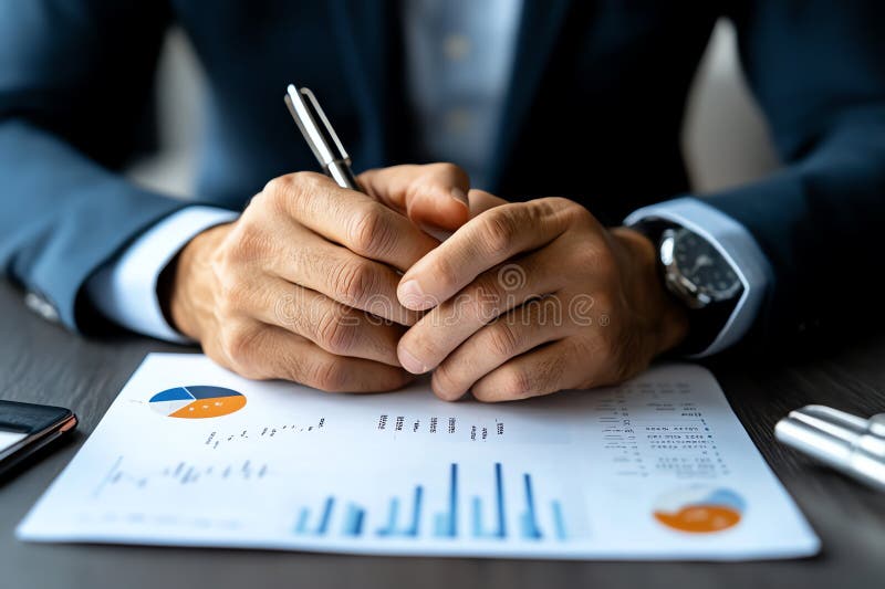 Close-up of a Business Professional Analyzing Financial Documents and ...