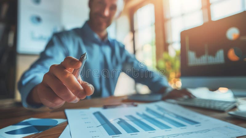 Close-up of a Business Professional Pointing at a Document with Graphs ...