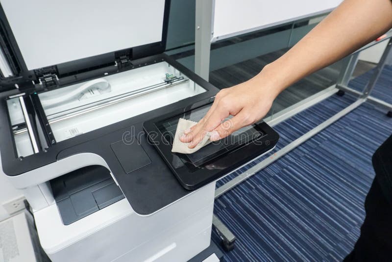Close Up Businessman Hand Clean Printer Touch Screen Stock Image ...