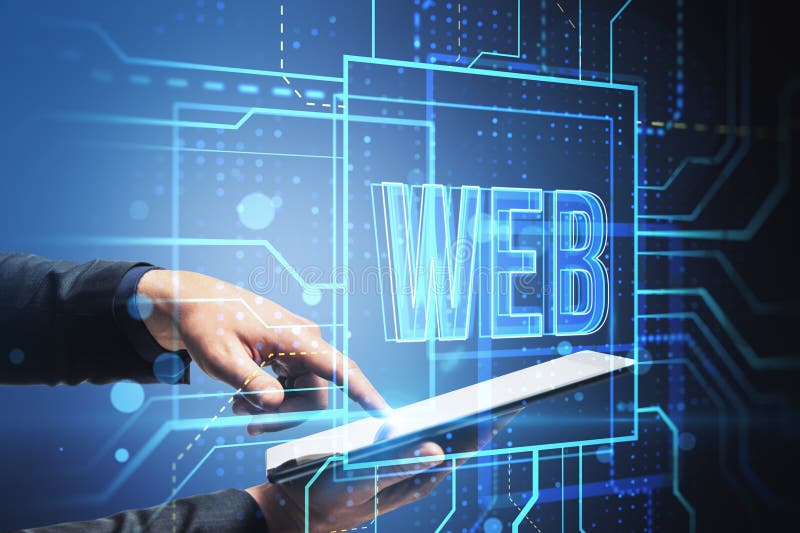 Close Up of Businessman Hand Pointing at Cellphone with Creative Blue ...