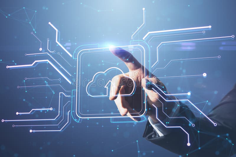 Close Up of Businessman Hand Pointing at Creative Square Circuit Button Hologram with Cloud Icon ...