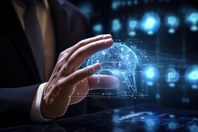 Close Up of Businessman Hand Touching with Finger Human Brain on ...