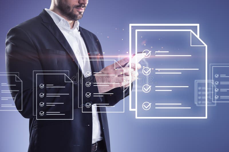 Close Up of Businessman Hand Using Cellphone Creative Digital Document ...