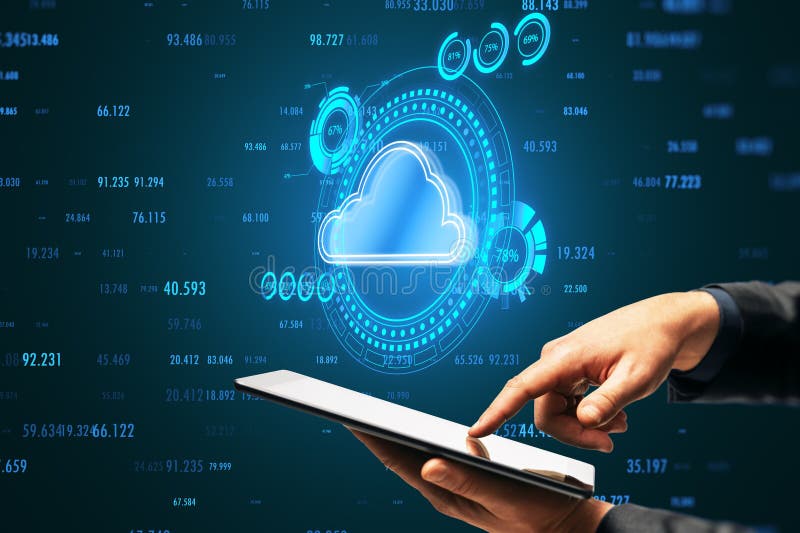 Close Up of Businessman Hand Using Cellphone with Modern Cloud ...