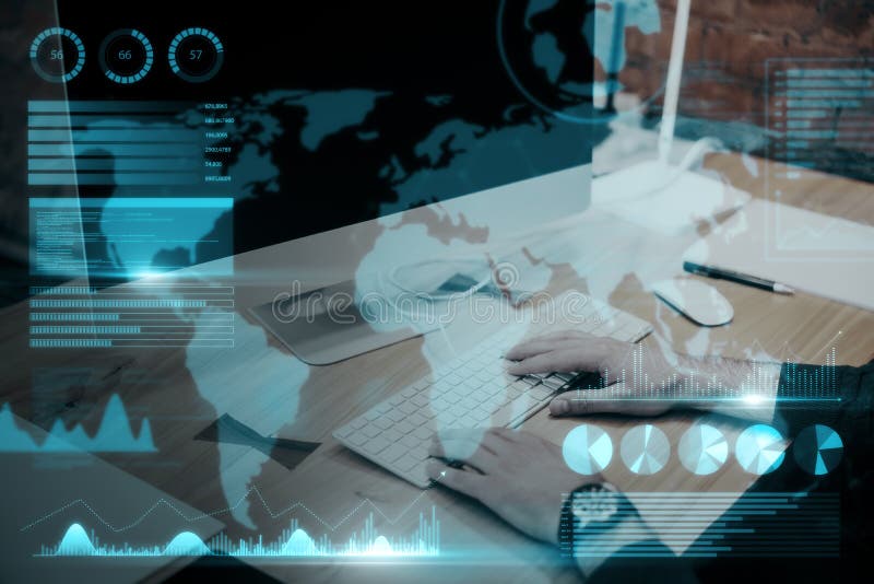 Close Up of Businessman Hand Using Computer Keyboard at Desktop with Abstract Map and Business ...