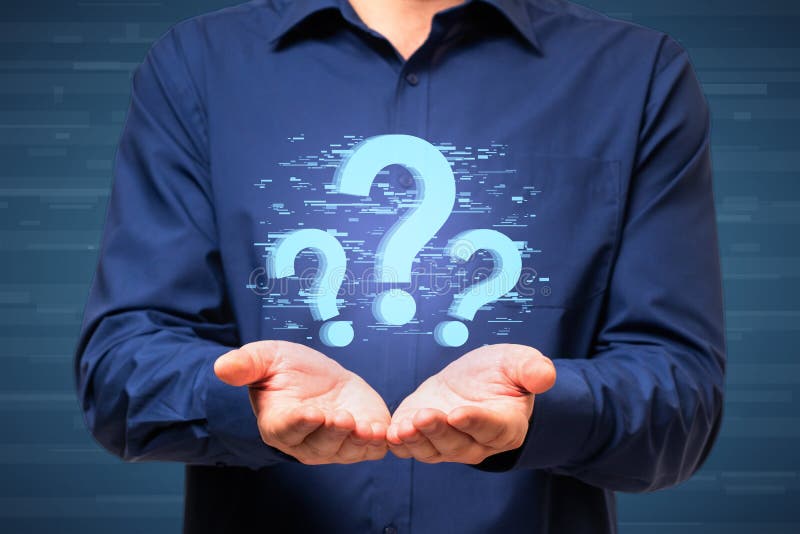 Close Up of Businessman Hands Holding Glowing Question Marks on Digital ...