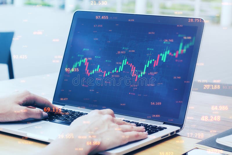 Close Up of Businessman Hands Using Laptop Computer with Abstract ...