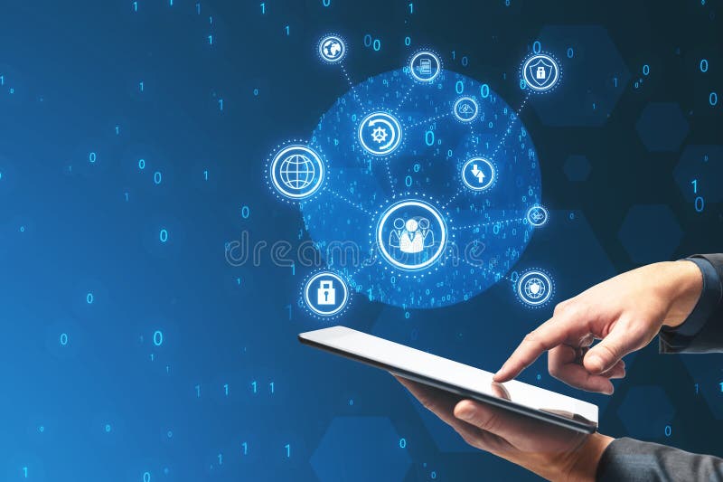 Close Up of Businessman Hands Using Smartphone with Connected Digital ...